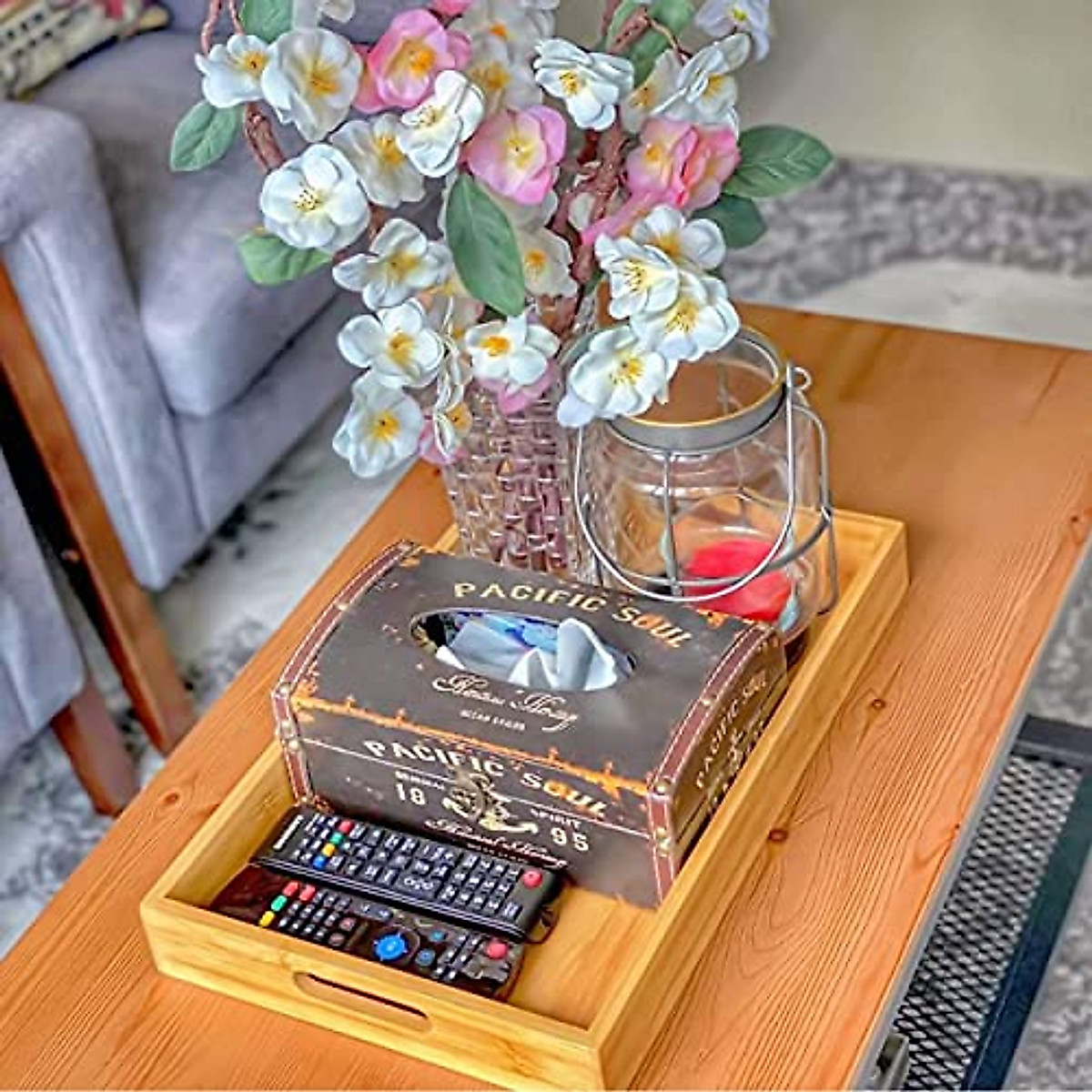 Bamboo Serving Tray with Handles - Made from Bamboo Tray and Veneer Bottom which can be Used as a Kitchen Serving Tray, Coffee Tables, as Well as Bed Tray and Tray for an Ottoman