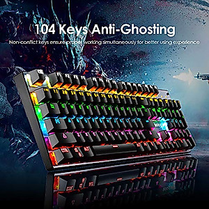FELICON Gaming Keyboard, 104 Keys Ultra-Slim Rainbow Backlit Wired Keyboard with Blue Switches,Durable ABS Keycaps/Anti-Ghosting/Spill-Resistant Mechanical Keyboard for PC Mac Xbox Gamer