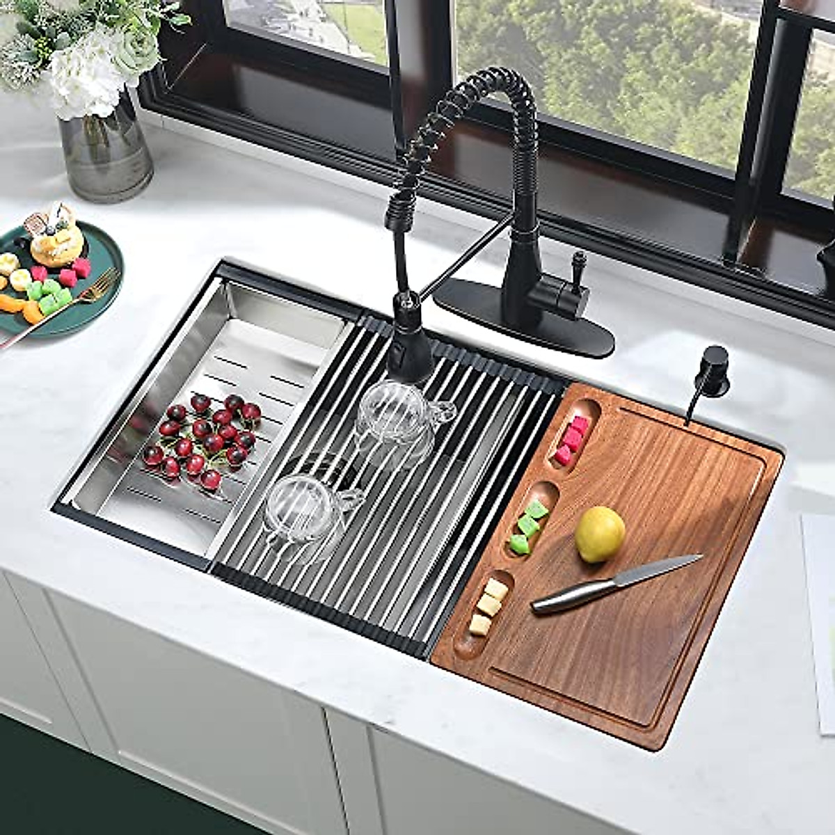 33 Black Undermount Kitchen Sink Workstation - iAnomla 33 x19 Inch Black Kitchen Sink Undermount Sink 16 Guage Stainless Steel Ledge Workstation 60/40 Double Bowl Kitchen Sink with Cutting Board
