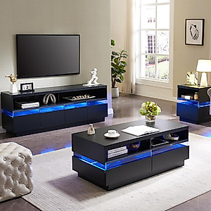 T4TREAM LED TV Stand for 65 Inch TV, Modern Gaming Entertainment Center with LED Lights, Media Storage Console Table with Large Sliding Drawer & Side Cabinets for Living Room, Solid Black, 58 Inch