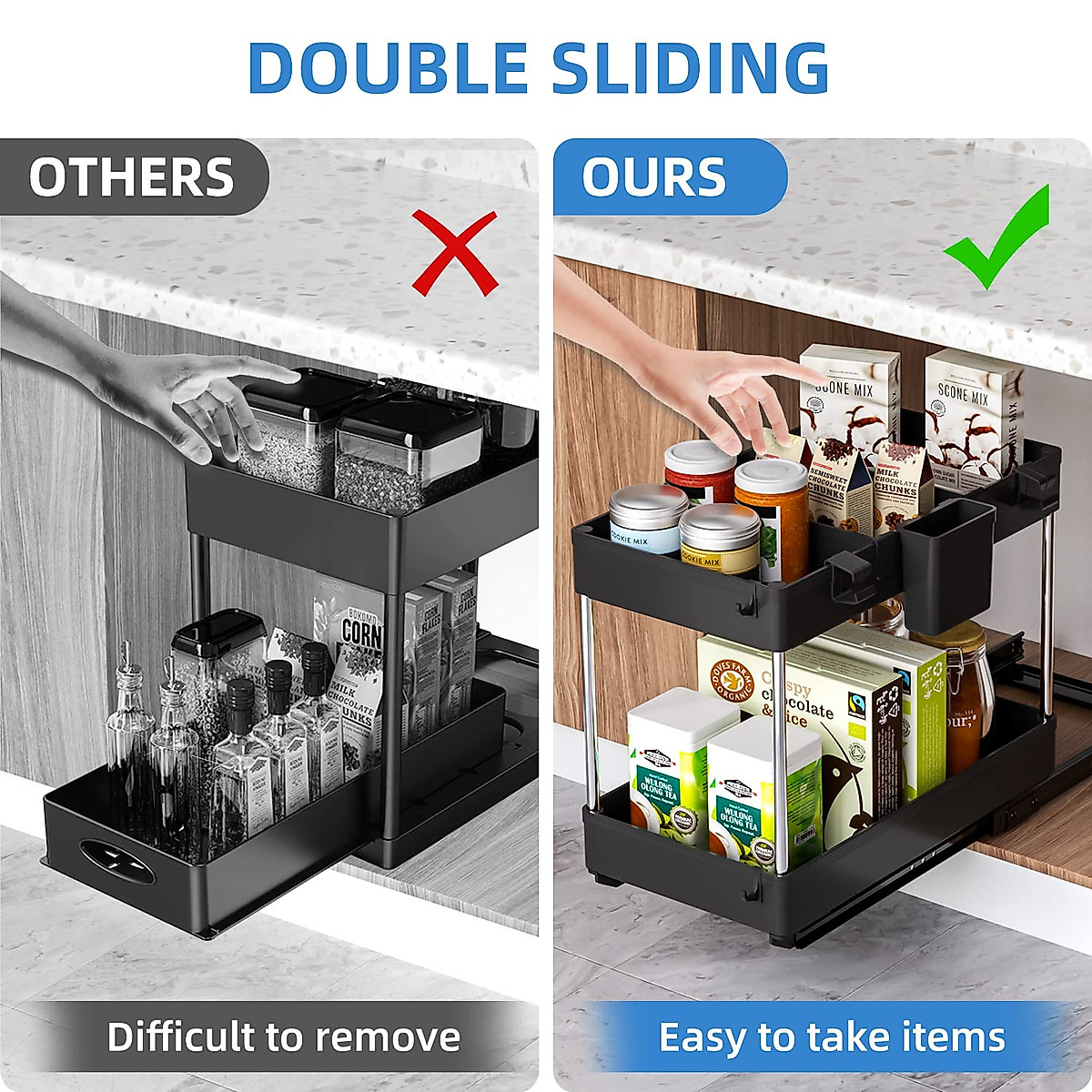 G-TING Under Sink Organizer, 2-Tier Under Sliding Cabinet Basket Organizer with Hooks, Hanging Cup, Dividers, Multifunctional Pull Out Cabinet Organizer for Kitchen, Bathroom(Black)