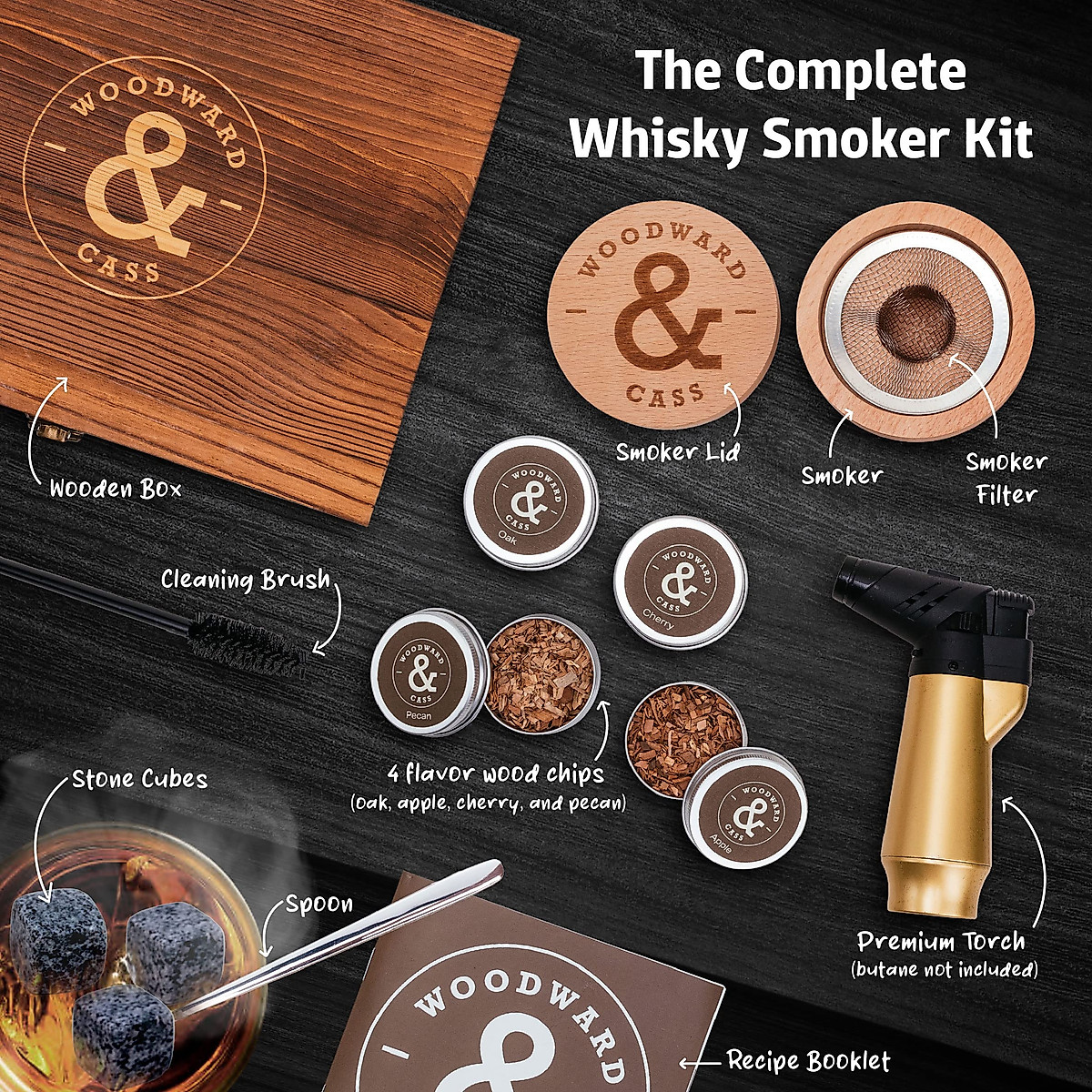 Woodward & Cass Whiskey Smoker Kit with Torch - 8 Piece Set - Drink Smoker Infuser Kit with Wood Box, Torch, Smoker, 4 Wood Chip Flavors, and Recipe Booklet - Bourbon Smoker Kit for Drinks