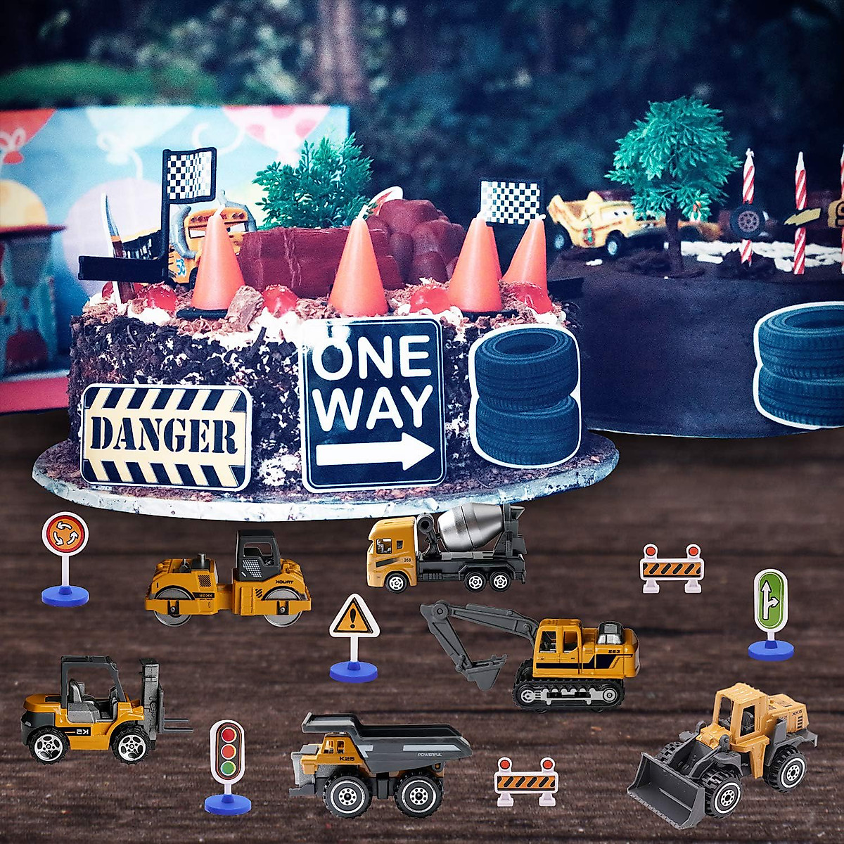 Childom Alloy Construction Engineering Vehicle Toys Set 12 Pack Stacker,Big Forklift,Heavy Duty Roller,Excavator,Heavy Transport Vehicle,Engineering Mixer Set for Kids Boys