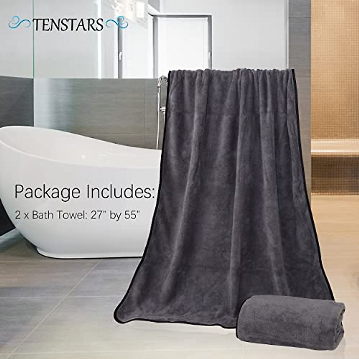 TENSTARS Silk Hemming Bath Towels for Bathroom Clearance - 27 x 55 inches - Light Thin Quick Drying - Soft Microfiber Absorbent Towel for Bath Fitness, Sports, Yoga, Travel, Gym - 2 Pack, Dark Grey