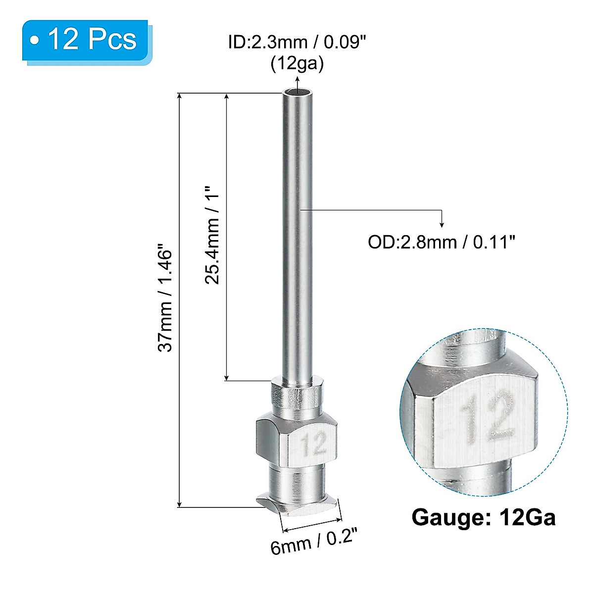 PATIKIL 12Ga x 1 Inch Stainless Steel Dispensing Needle Tips, 12Pcs Metal Glue Needle Tube Blunt Tips Luer Lock for Thick Glue Ink Lab, Silver