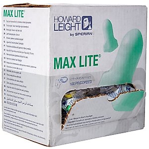 Howard Leight LPF30 Max Lite Corded Earplugs, Green, Pack of 100 Pairs