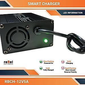 reBel Batteries - 12V LiFePO4 Charger 5 Amp Intelligent Chip CC/CV Multistage Lithium Battery Charger Ring Terminals Plus Alligator Clips