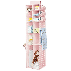 mDesign Long Soft Fabric Over Closet Rod Hanging Storage Organizer with 12 Divided Shelves, Side Pockets for Child/Kids Room or Nursery, Store Diapers, Wipes, Lotions, Toys - 2 Pack - Pink/White