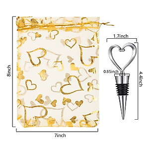 50 Pieces Heart Shaped Wine Stopper Wedding Favors for Guests Love Beverage Bottle Stopper with 50 Pieces Golden Organza Bags for Engagement Souvenir Gifts Bridal Shower Party Supplies
