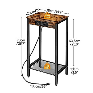 HOOBRO Tall Side Table with Charging Station, Industrial End Telephone Table with Mesh Shelf, Small Entryway Table, Slim Nightstand for Living Room, Hallway, Bedroom, Rustic Brown and Black BF08UDH01