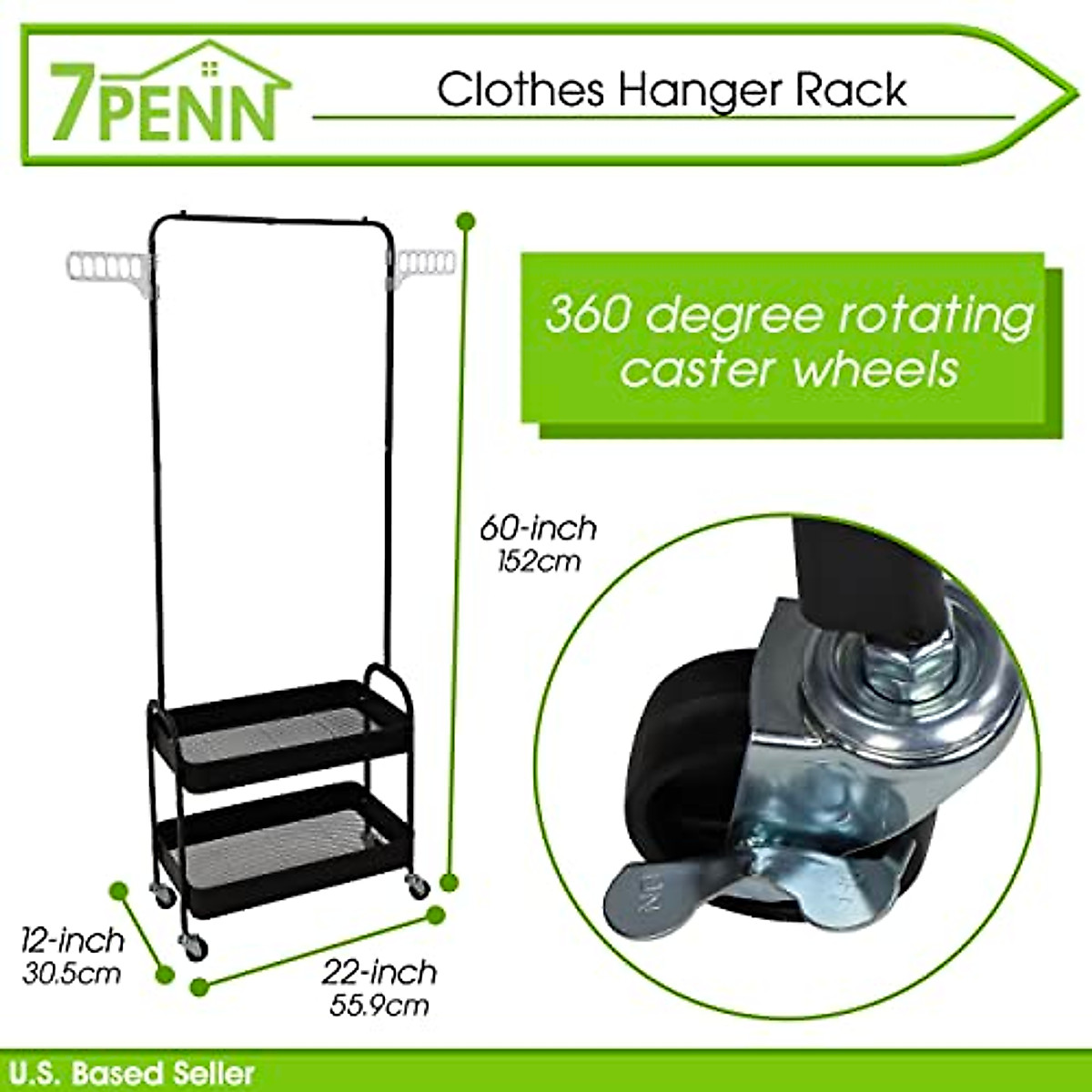 7Penn Hanging Clothes Rack with Shelves - Rolling Storage Laundry Cart with Hanging Bar, Portable Clothing Rack with Wheels - Bedroom Metal Wardrobe Storage - Rolling Garment Rack with Shelves