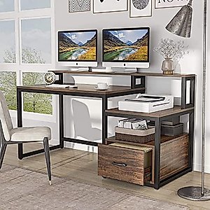 Tribesigns 60 inch Computer Desk with Storage Shelves and File Drawer, Vintage Large Home Office Desk with Hutch, Study Desk Computer Table Workstation for Small Spaces, Rustic Brown