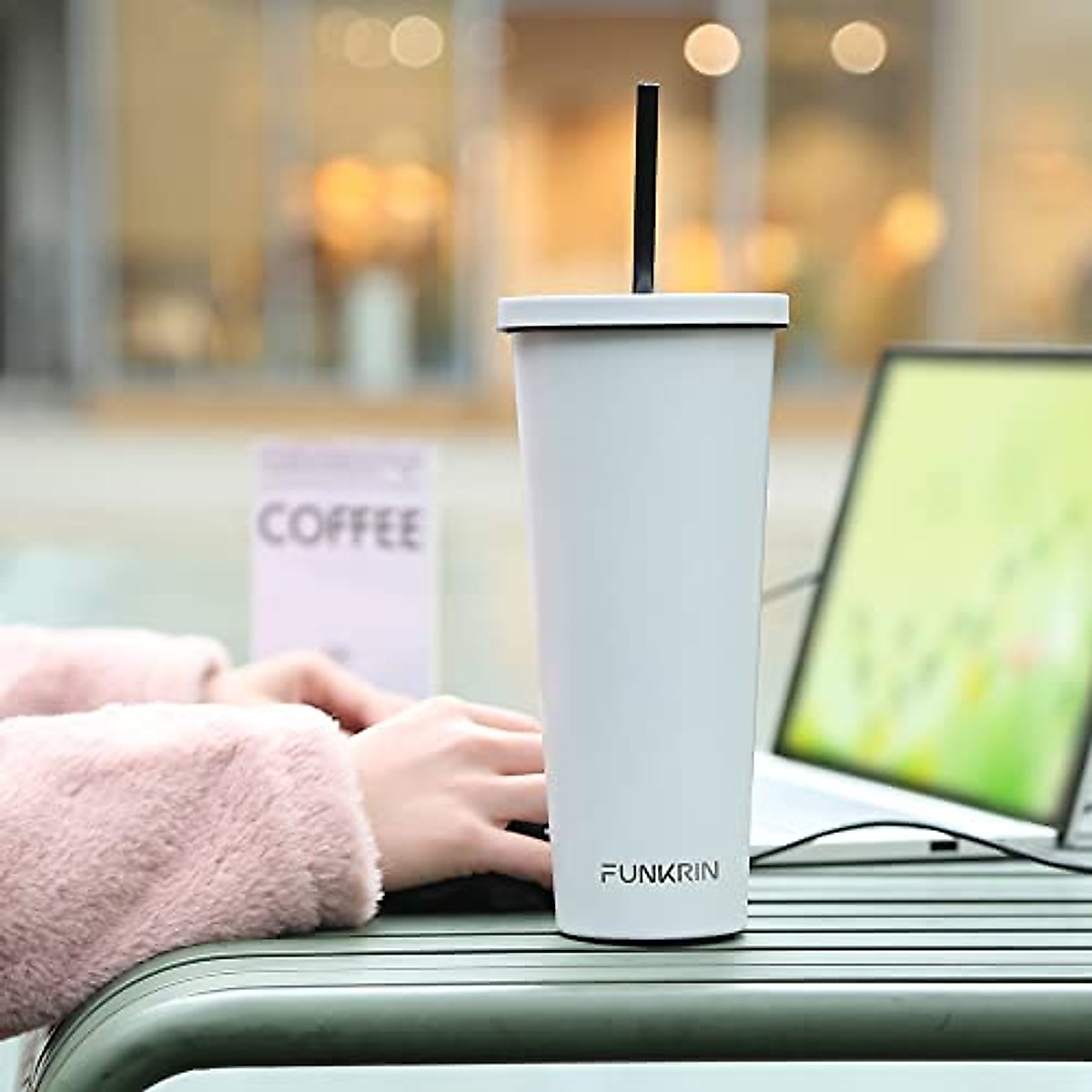 Funkrin Insulated Coffee Mug Tumbler with Lid and Straw, 18oz Ceramic Lined Coating Travel Mug, Reusable Stainless Steel Water Bottle Thermos Cup for Gifts Office School Party Camping