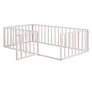 SIYSNKSI Twin Size Floor Bed with Fence and Door, Metal Floor Bed Frame, Montessori Bed Platform Bed Frame for Kids Boys Girls, Easy Assembly (Pink + Metal-3)