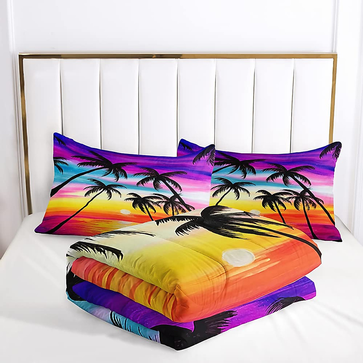 Tropical Sunset Palm Tree Comforter Set for Kids and Adults, Queen Size Sea Ocean Sunset Quilt Bedspreads with 2 Silhouette Sunset Pillowcases - 90" x 90" (Queen, Yellow)