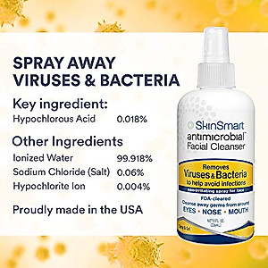 SkinSmart Antimicrobial Facial Cleanser Spray to Remove Viruses and Bacteria Around Eyes, Nose and Mouth, Fight Maskne, 8 oz Spray Non-Irritating Hypochlorous Spray