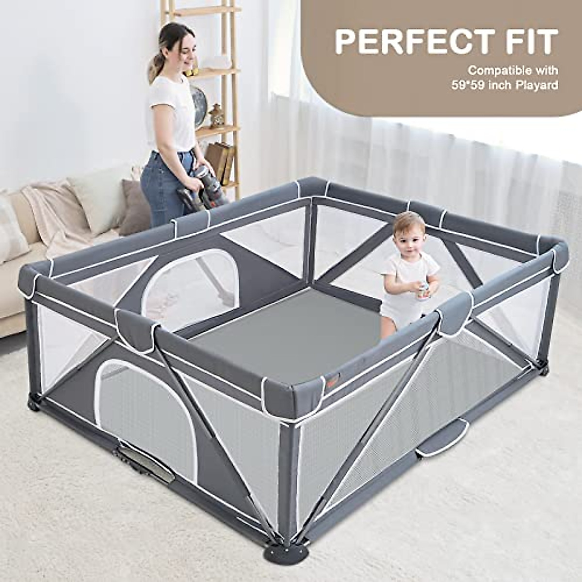 Yobear Baby Playpen Mat, 71"x 59"x 1.18“ Self-Inflating Play Mat for Babies and Toddlers, Roll Up & Waterproof Foam Crawling Mat for Floor, Portable Playmat for Babies with Travel Bag