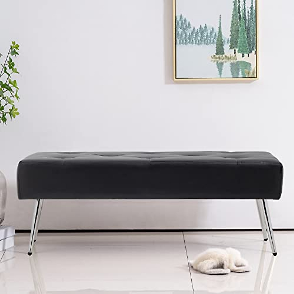 Furnimart Faux Leather Bench Ottoman, Tufted Button Bedroom Benches Footrest in Solid Metal Legs, Long and Dining Bench, Indoor Bench for Entryway Living Room Bedroom (Leather-Black)
