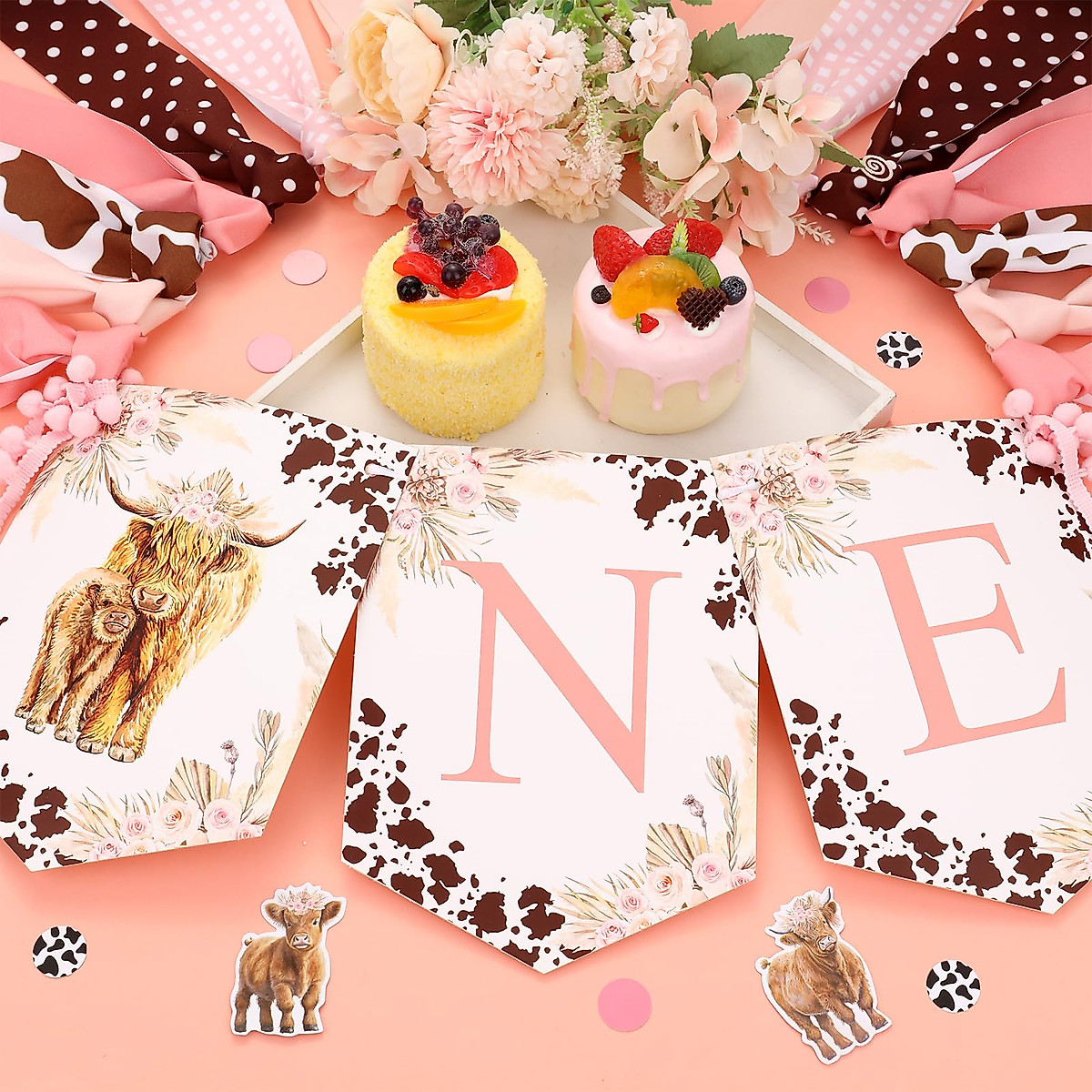 Highland Cow 1st Birthday Decorations Girl - Highland Cow High Chair Banner, Boho Highland Cattle Party Decorations, Pink Holy Cow Im One Farm Animal Birthday Party Decorations
