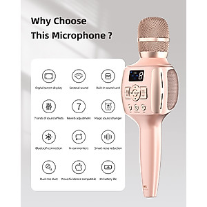 MEINIAO Karaoke Microphone with Digital Screen, Handheld Portable Bluetooth Microphone for Party, Karaoke, Music, & Recording All iOS Android Pc A2(Pink)