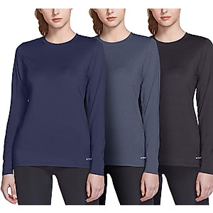 ATHLIO Women's UPF 50+ Long Sleeve Workout Shirts, UV Sun Protection Running Shirt, Dry Fit Athletic Tops, Round Neck 3pack Shirts Black/Charcoal/Navy, X-Large