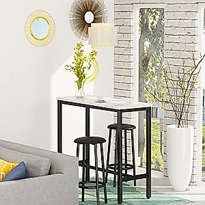 Hooseng Bar Table Set of 2, 39.3" Pub Height Table Set with Faux Marble Tabletop and 2 Round Stools, 3 Piece Kitchen Table Set Ideal for Dinner Room, Living Room, Breakfast Nook, Small Spaces, White