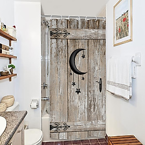 Riyidecor Rv Half Barn Door Shower Curtain 36Wx72H Inch Small Stall Country Single Shower Curtains Rustic Door Curtains Farmhouse Moon Star Farm Bathroom Decor Fabric Polyester Waterproof 7 Pack Hooks