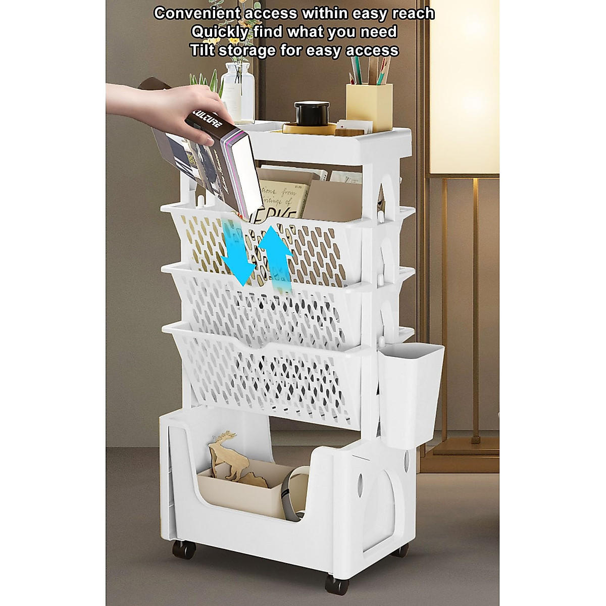 NFNSIG 5 Layer Movable Book Rack, Mobile Book Cart Organizer Bookshelves, Large Capacity Movable Bookcase, Multifunctional Rolling Utility Cart Shelf for Bedroom Living Room Home School(White)