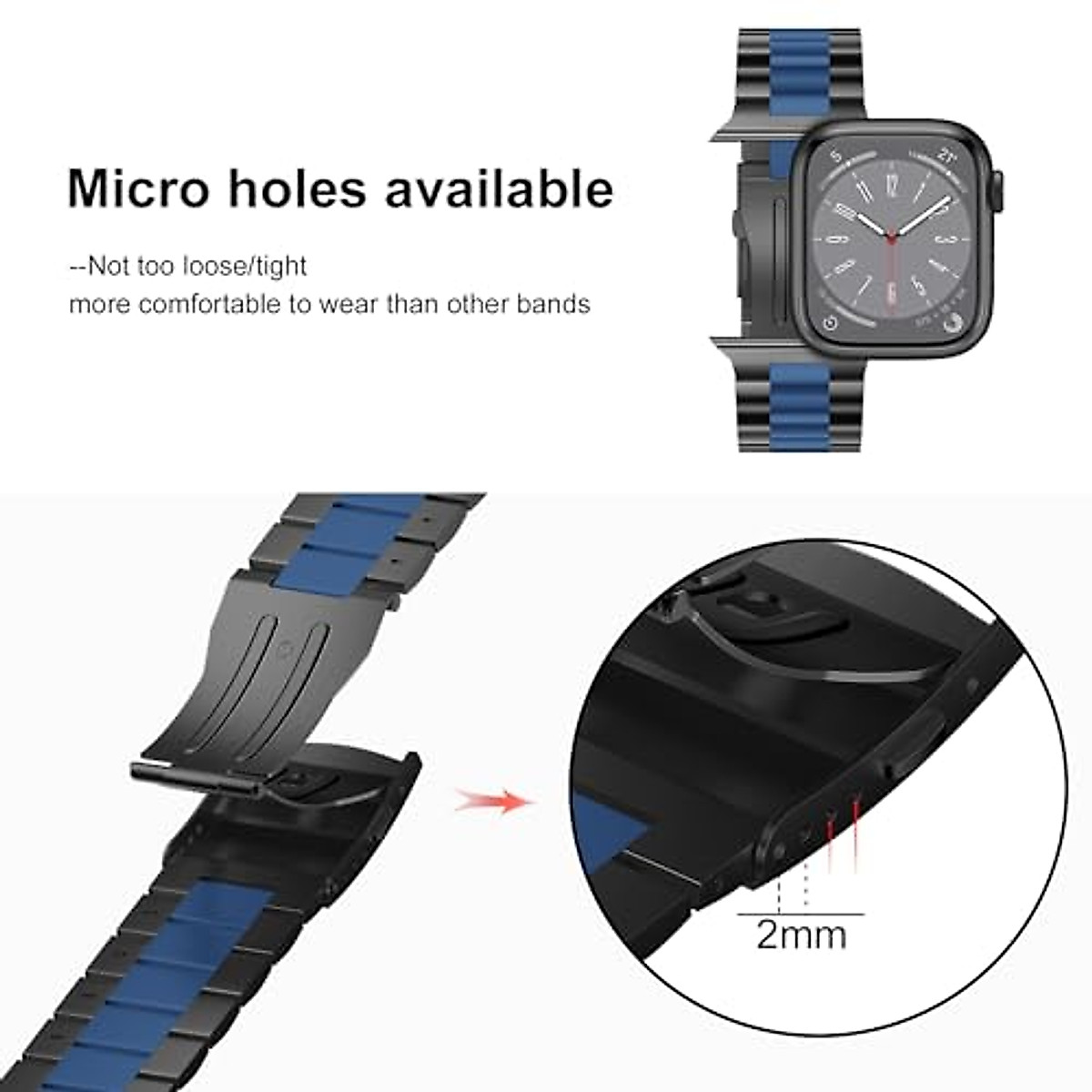 iiteeology Ultra 2 Band Compatible with Apple Watch 49mm 46mm 45mm 44mm 42mm, Upgraded Stainless Steel Wristband for iWatch Ultra & Series 10-1, Black/Blue