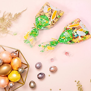 Artby7 50 Pack Easter Cellophane Bags, 5''x10.5'' Easter Treat Bags with Gold Twist Ties, Plastic Clear Cello Bags for Candy Goodie Easter Party Favor Supply Decoration