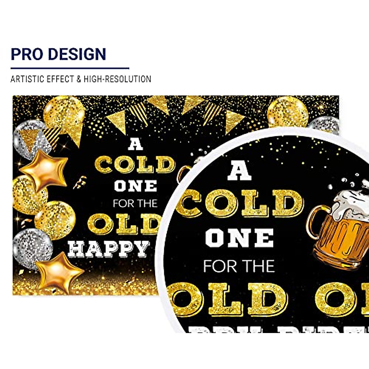 Allenjoy 70.8" x 43.3" Happy Birthday Backdrop for Men A Cold One for The Old One Black and Gold Photography Background 30th 40th 50th Bday Beer Party Decoration Banner Supplies Photo Booth Props