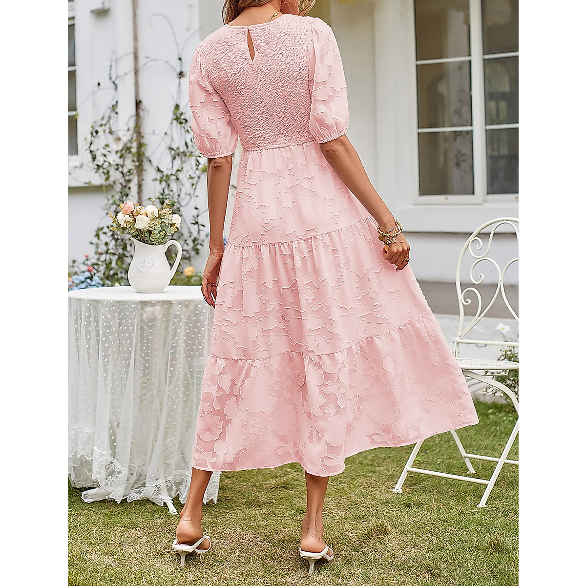 MEROKEETY Summer Dress for Women Elegant Smocked Short Puff Sleeve Floral Solid Midi Maxi Dresses,Pink,L