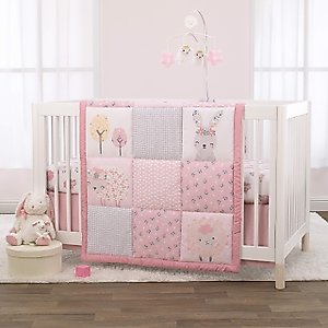 Little Love by NoJo Farm Chic - Little Lambs Pink, Grey and White 3 Piece Crib Bedding Set- Comforter, Fitted Crib Sheet, Dust Ruffle