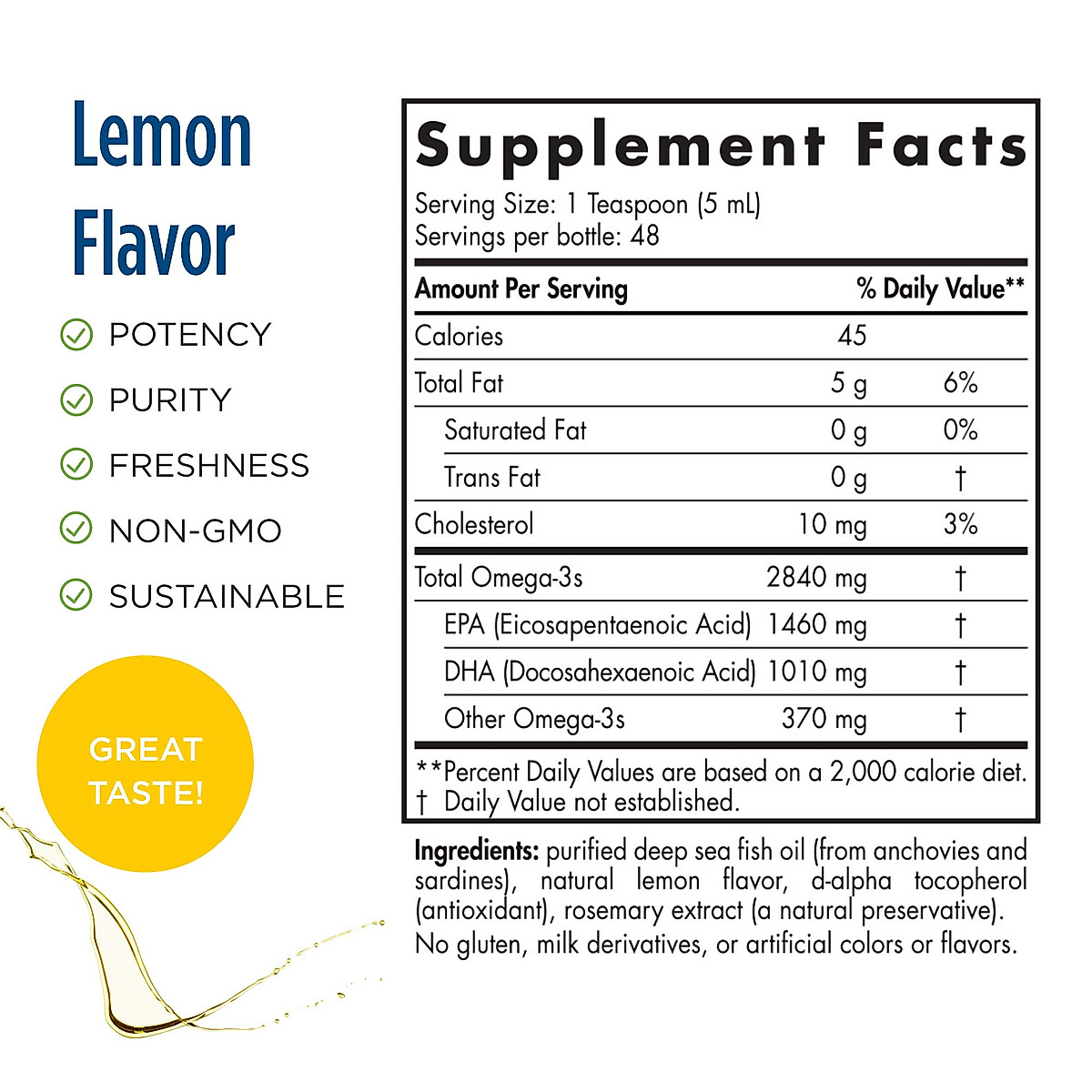 Nordic Naturals ProOmega Liquid, Lemon Flavor - 8 oz - 2840 mg Omega-3 - High Potency Fish Oil with EPA & DHA - Promotes Brain, Eye, Heart, & Immune Health - Non-GMO - 48 Servings