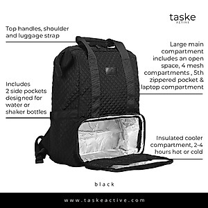 taskeACTIVE backpack with mealprep compartment, laptop area, drink holder, internal mesh compartments, luggage strap (Black)
