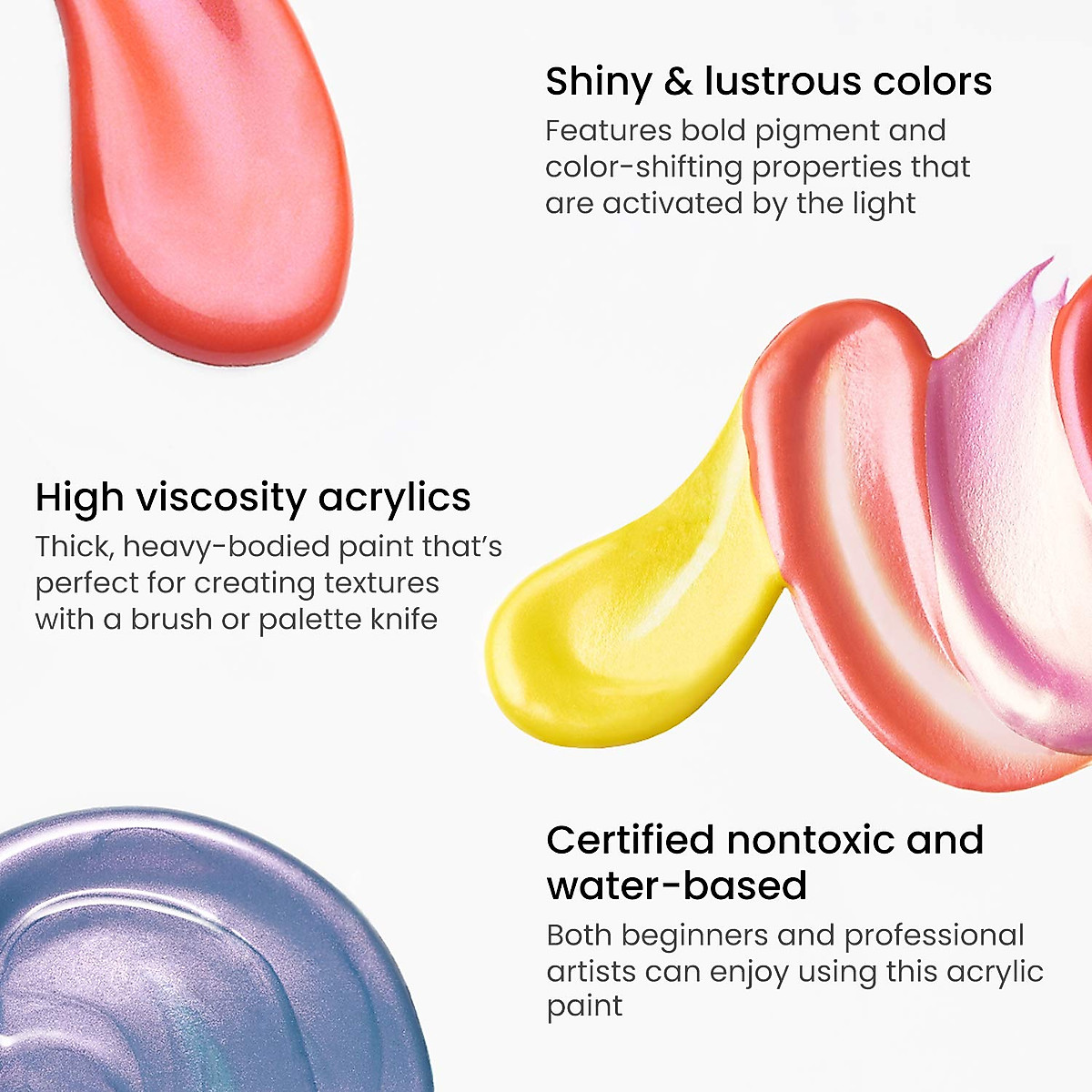 ARTEZA Iridescent Acrylic Paint Set of 10 Chameleon Colors, 2 ounce Bottles, Shimmer Water-Based Paints, Art Supplies for Canvas, Wood, Rocks, Fabrics