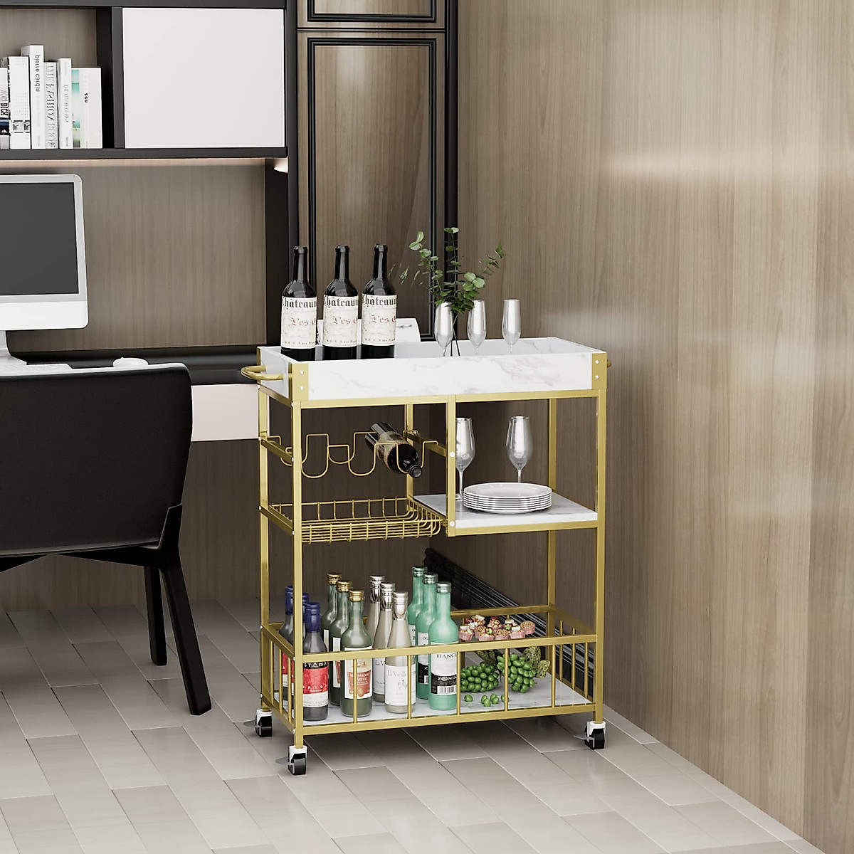 Azheruol Bar Cart 3 Tiers Removable Storage Tray with Wine Rack & Basket Tier,Rolling Beverage Cart,Mobile Bar Serving Cart with Handle, White Marble Wood and Gold Frame Home Kitchen Shelf for Party