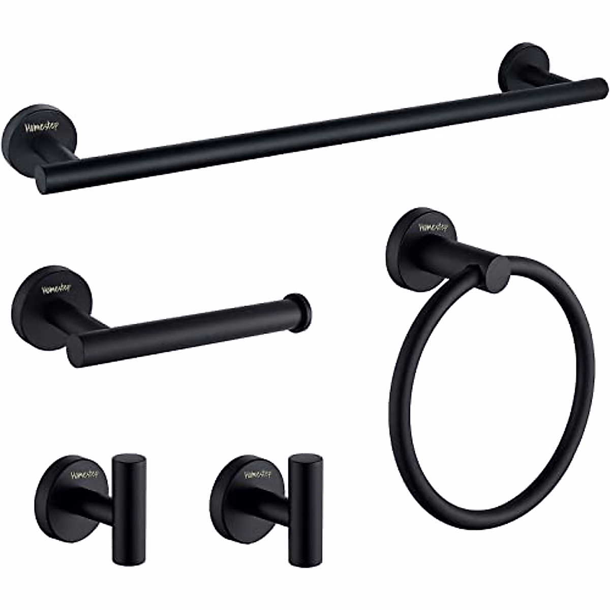 Homestep 5 pcs Bathroom Hardware Set, Stainless Steel Round Wall Mounted Include 20" Bath Towel Bar ,Toilet Paper Holder , Hand Towel Ring , 2 Towel Robe Hooks ,Bathroom Accessories Kit (Matte Black)