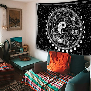 Kanuyee Twelve Constellation Tapestry,Black and White ，Sun and Moon ，Yin and Yang Tapestry Mystic Wall Hanging Tapestry for Home Decor (35"x47")