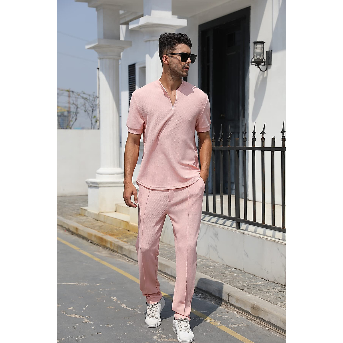 FZNHQL 2023 Men's Sports Clothing Casual Tracksuit Set 2 Piece Outfits Polo Shirt Athletic Pants Track Suit for Men Fashion Sweatsuit Set Pink XL
