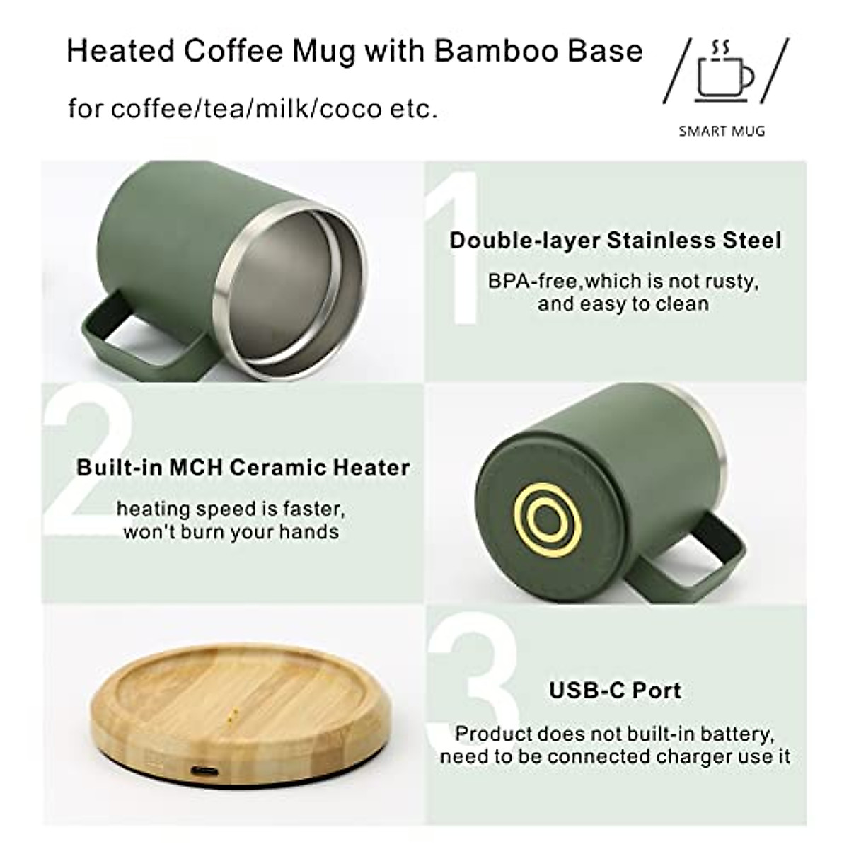 131℉ Self Heating Coffee Mug,Coffee Warmer with Mug Set,USB Powered Electric Heated Coffee Mug,Coffee Cup Heated for Desk Home & Office,Coffee Gifts(12oz Green)