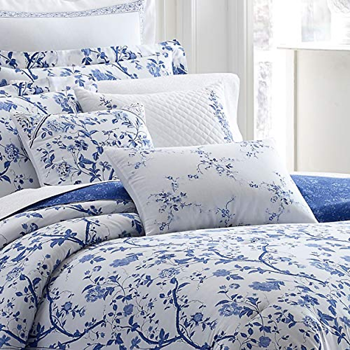 Laura Ashley Home - Comforter Set, Cotton Bedding with Matching Shams & Bed Skirt, Stylish Home Decor (Charlotte Blue, Queen)