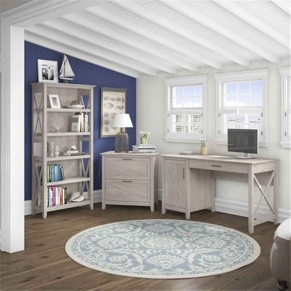 Bush Furniture Key West 54W Computer Desk with 2 Drawer Lateral File Cabinet and 5 Shelf Bookcase in Washed Gray