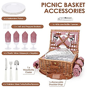 Picnic Basket for 4, Insulated Willow Picnic Baskets with Shoulder Strap, Picnic Hamper with Waterproof Picnic Blanket, Handmade Wicker Hamper for Outdoor, Great Gifts for Thanksgiving, Christmas