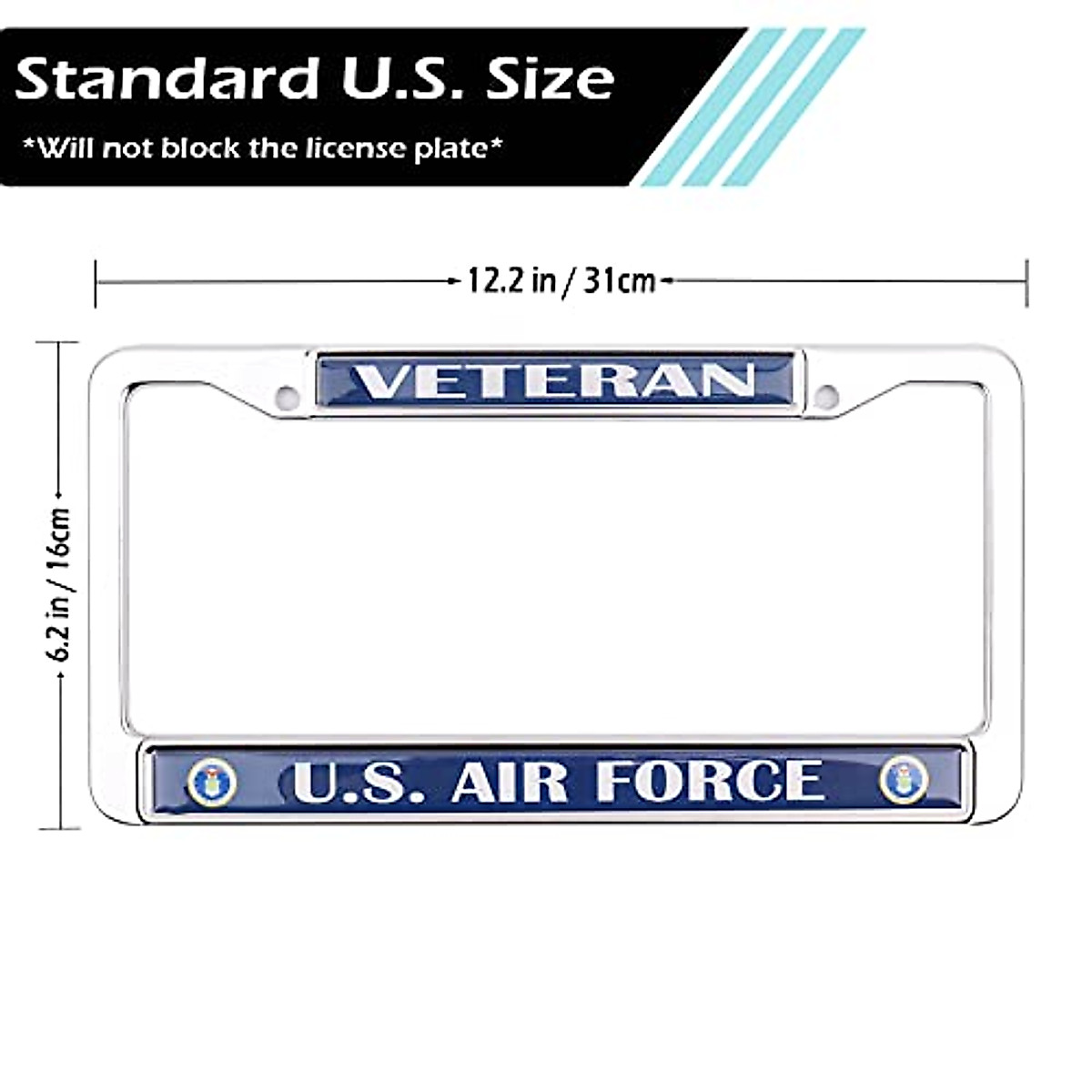 US Air Force Veteran License Plate Frames - Chrome Stainless Steel Car Tag Frame License Plate Holder (2PCS)