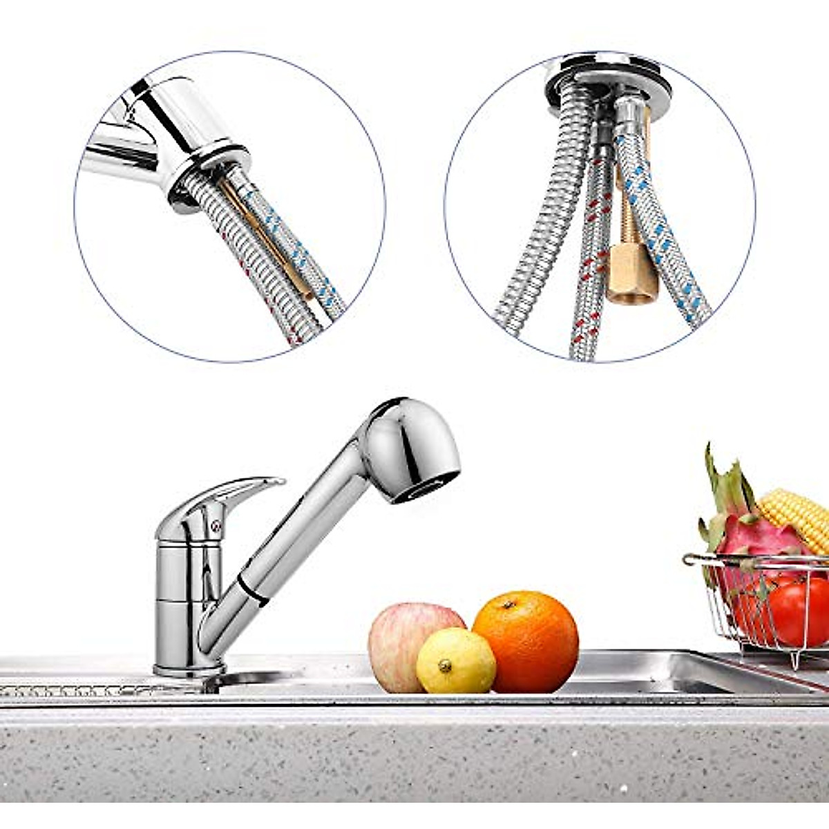 Kitchen Faucet, Modern Commercial Stainless Steel Single Bar Faucet Chrome Pull Down/Out Vessel Sink Faucets, Silver