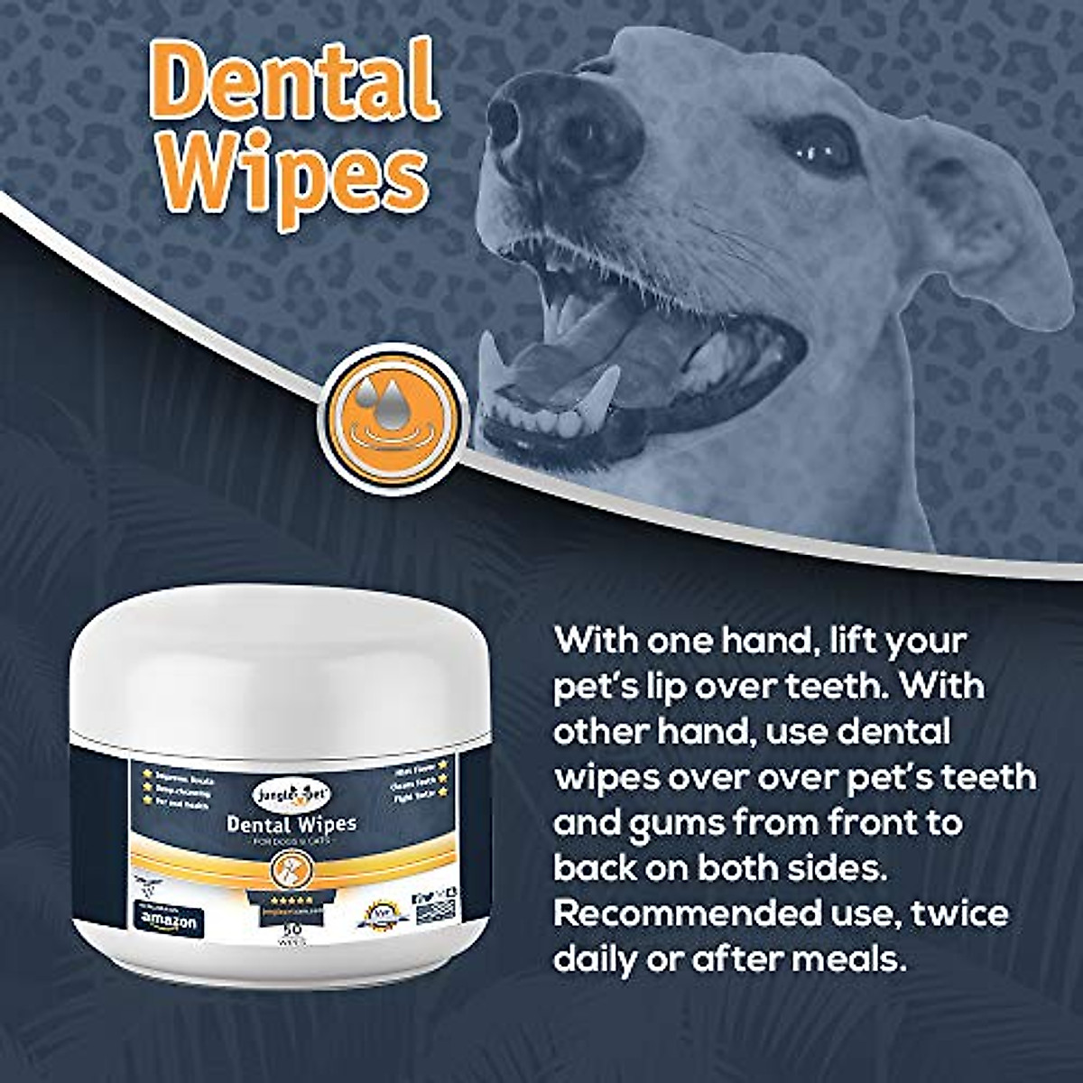 Jungle Pet Dog Dental Wipes for Dogs and Cats - Reduce Plaque, Tartar & Bad Breath - Cat & Dog Dental Wipes for Teeth Wipes - Peppermint Scent for Fresh Breath - 50 ct
