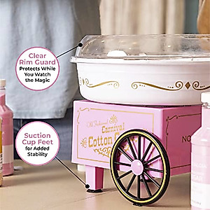 Nostalgia Cotton Candy Machine - Retro Cotton Candy Machine for Kids with 2 Reusable Cones, 1 Sugar Scoop, and 1 Extractor Head – Pink