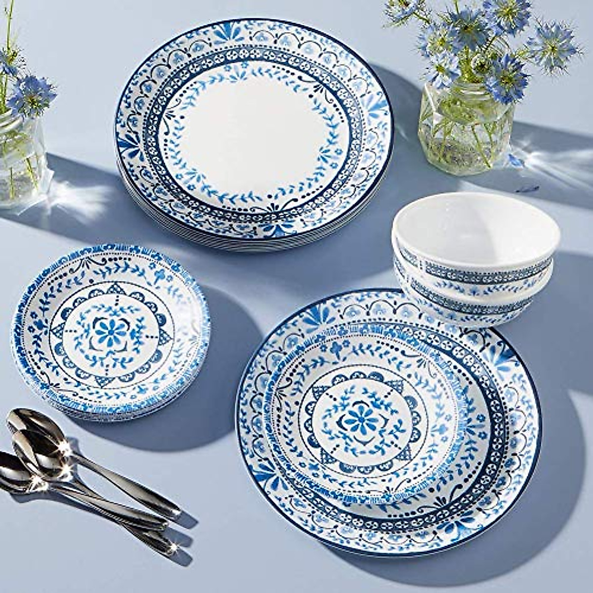 Corelle Vitrelle 18-Piece Service for 6 Dinnerware Set, Triple Layer Glass and Chip Resistant, Lightweight Round Plates and Bowls Set, Portofino