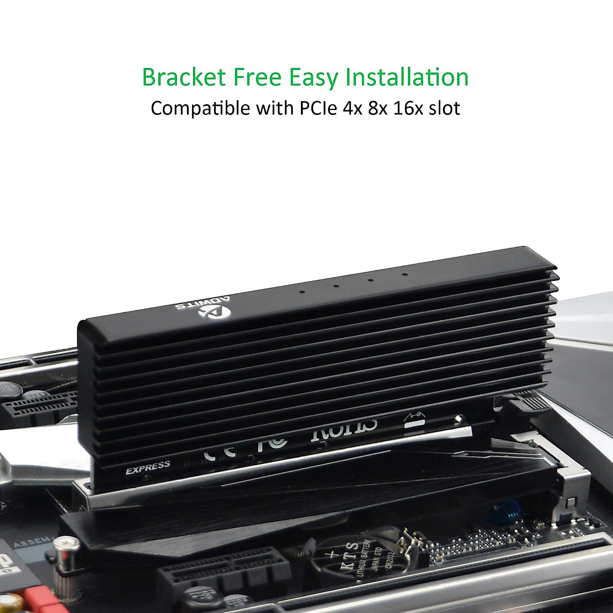 A ADWITS PCI Express 3.0 x16 to PCIe-based NVMe and AHCI SSD Adapter Card with Heat Sink, Fits M.2 (NGFF) Form Factor with Key M in Size 2230/2242/2260/2280